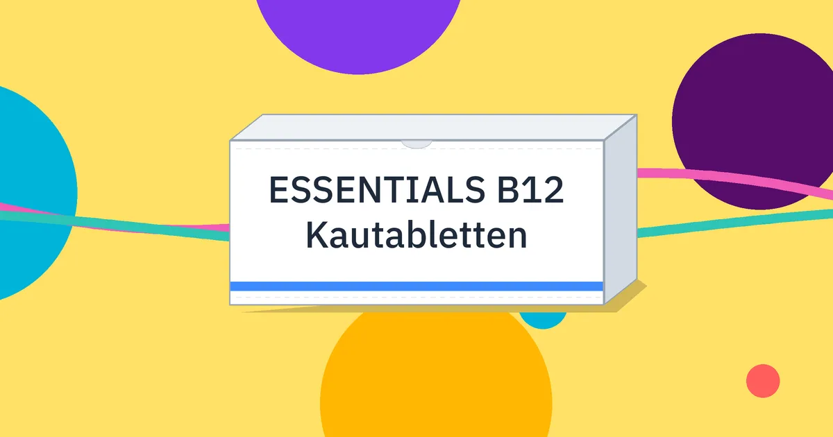 Symbolbild: Packung mit der Aufschrift ESSENTIALS B12 Kautabletten (PZN 18409497) – Verfügbarkeit und Bezug in Apotheken in Frankfurt am Main
