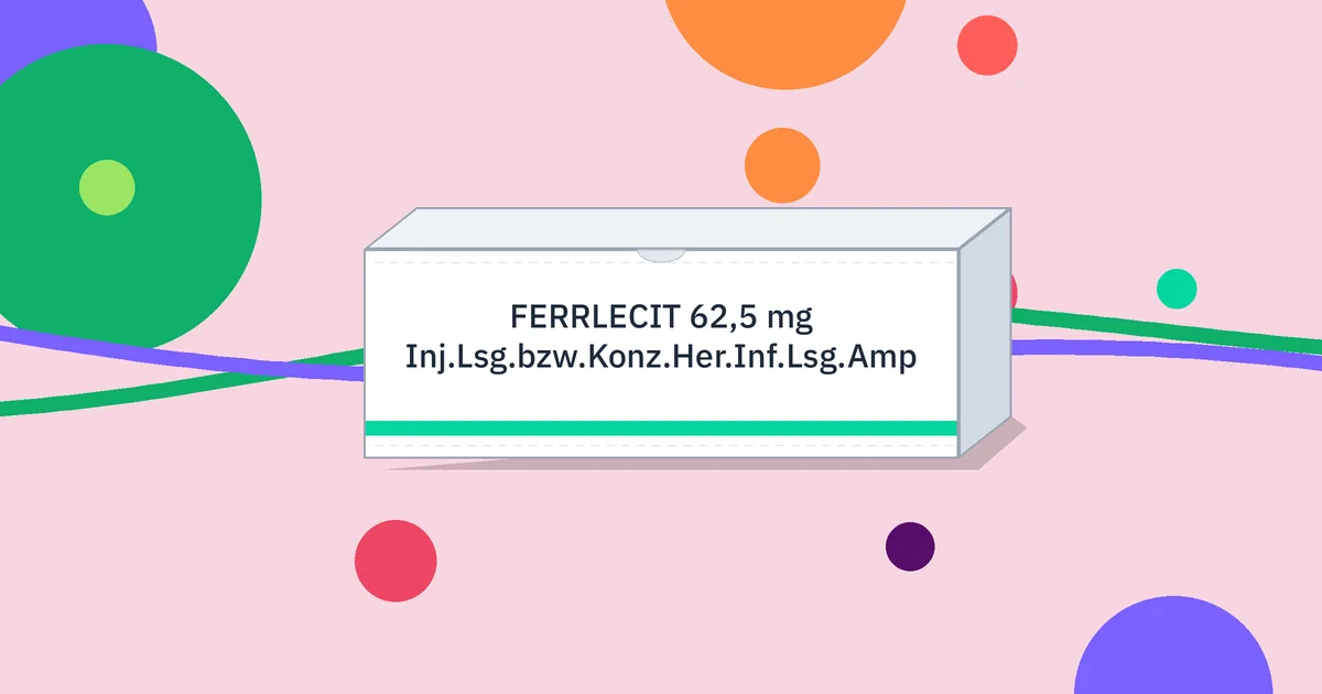 Symbolbild: Packung mit der Aufschrift FERRLECIT 62,5 mg Inj.Lsg.bzw.Konz.Her.Inf.Lsg.Amp (PZN 15266436) – Verfügbarkeit und Bezug in Apotheken in Frankfurt am Main