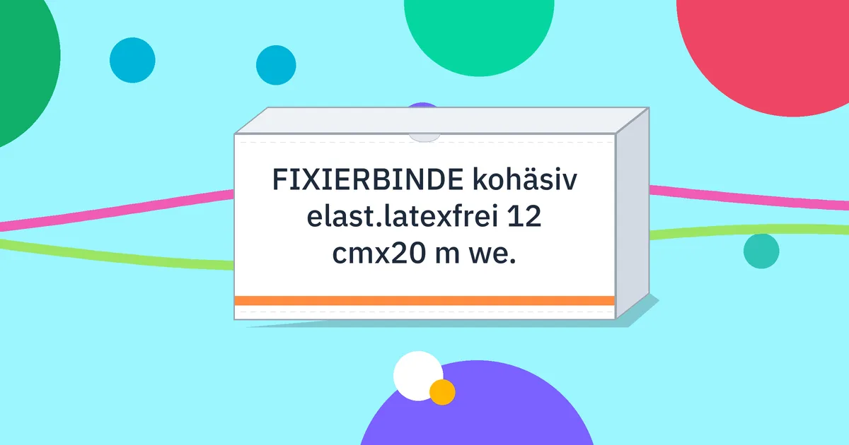 Symbolbild: Packung mit der Aufschrift FIXIERBINDE kohäsiv elast.latexfrei 12 cmx20 m we. (PZN 12397899) – Verfügbarkeit und Bezug in Apotheken in Frankfurt am Main