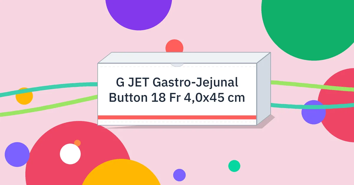 Symbolbild: Packung mit der Aufschrift G JET Gastro-Jejunal Button 18 Fr 4,0x45 cm (PZN 14347316) – Verfügbarkeit und Bezug in Apotheken in Frankfurt am Main