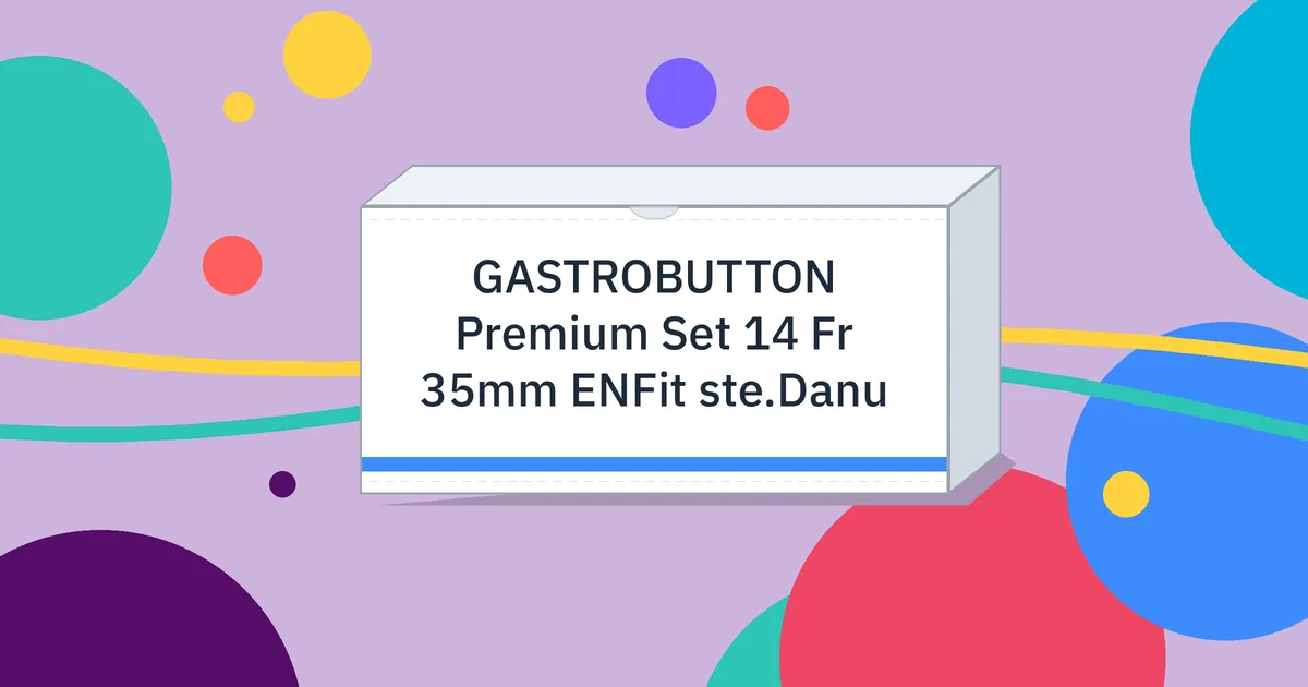 Symbolbild: Packung mit der Aufschrift GASTROBUTTON Premium Set 14 Fr 35mm ENFit ste.Danu (PZN 16883504) – Verfügbarkeit und Bezug in Apotheken in Frankfurt am Main
