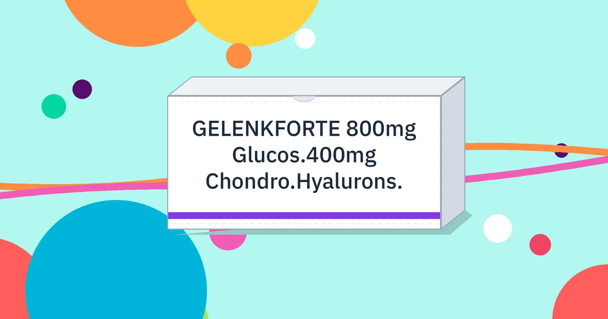 Symbolbild: Packung mit der Aufschrift GELENKFORTE 800mg Glucos.400mg Chondro.Hyalurons. (PZN 16582820) – Verfügbarkeit und Bezug in Apotheken in Frankfurt am Main