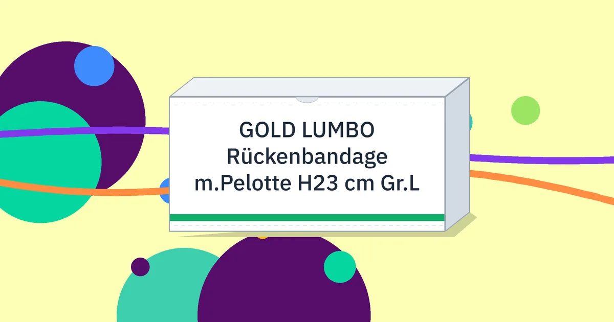 Symbolbild: Packung mit der Aufschrift GOLD LUMBO Rückenbandage m.Pelotte H23 cm Gr.L (PZN 19133755) – Verfügbarkeit und Bezug in Apotheken in Frankfurt am Main