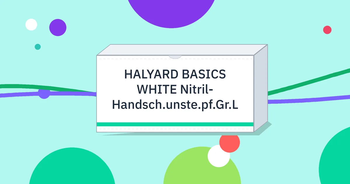 Symbolbild: Packung mit der Aufschrift HALYARD BASICS WHITE Nitril-Handsch.unste.pf.Gr.L (PZN 12608505) – Verfügbarkeit und Bezug in Apotheken in Frankfurt am Main