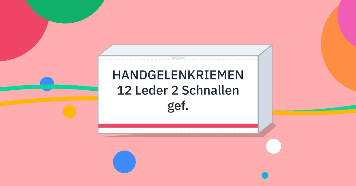 Symbolbild: Packung mit der Aufschrift HANDGELENKRIEMEN 12 Leder 2 Schnallen gef. (PZN 01727419) – Verfügbarkeit und Bezug in Apotheken in Frankfurt am Main