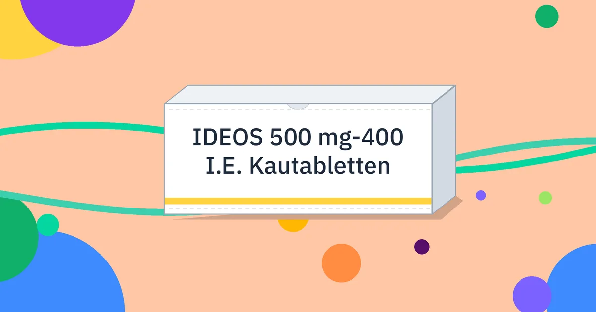 Symbolbild: Packung mit der Aufschrift IDEOS 500 mg-400 I.E. Kautabletten (PZN 10210856) – Verfügbarkeit und Bezug in Apotheken in Frankfurt am Main