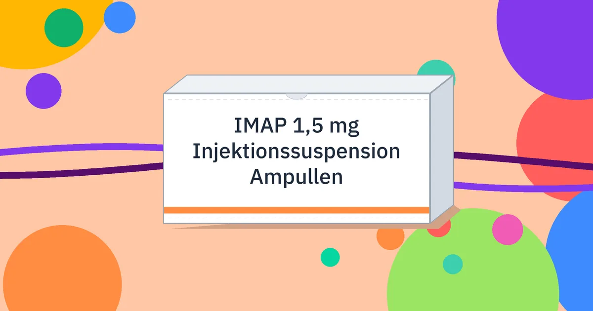Symbolbild: Packung mit der Aufschrift IMAP 1,5 mg Injektionssuspension Ampullen (PZN 04985843) – Verfügbarkeit und Bezug in Apotheken in Frankfurt am Main