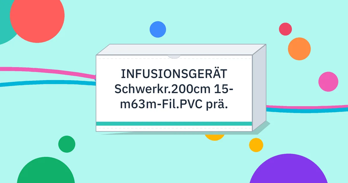 Symbolbild: Packung mit der Aufschrift INFUSIONSGERÄT Schwerkr.200cm 15-m63m-Fil.PVC prä. (PZN 18837135) – Verfügbarkeit und Bezug in Apotheken in Frankfurt am Main
