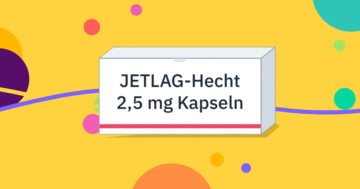 Symbolbild: Packung mit der Aufschrift JETLAG-Hecht 2,5 mg Kapseln (PZN 09919377) – Verfügbarkeit und Bezug in Apotheken in Frankfurt am Main