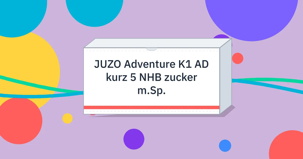 Symbolbild: Packung mit der Aufschrift JUZO Adventure K1 AD kurz 5 NHB zucker m.Sp. (PZN 16344061) – Verfügbarkeit und Bezug in Apotheken in Frankfurt am Main