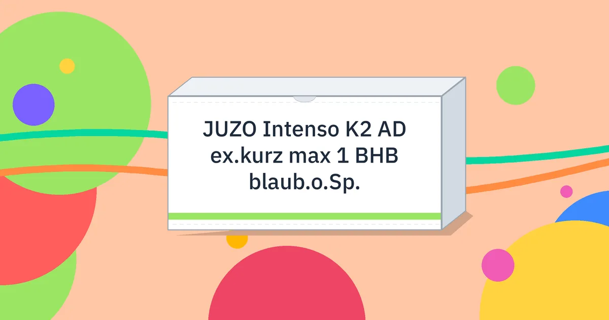 Symbolbild: Packung mit der Aufschrift JUZO Intenso K2 AD ex.kurz max 1 BHB blaub.o.Sp. (PZN 18624480) – Verfügbarkeit und Bezug in Apotheken in Frankfurt am Main