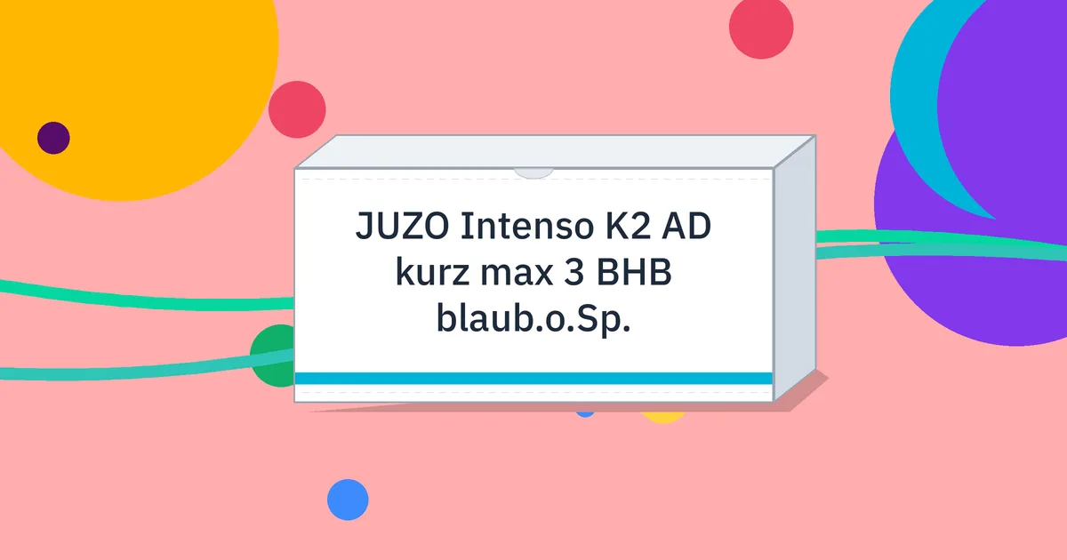 Symbolbild: Packung mit der Aufschrift JUZO Intenso K2 AD kurz max 3 BHB blaub.o.Sp. (PZN 18626272) – Verfügbarkeit und Bezug in Apotheken in Frankfurt am Main