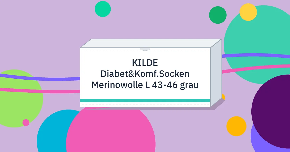 Symbolbild: Packung mit der Aufschrift KILDE Diabet&Komf.Socken Merinowolle L 43-46 grau (PZN 20798454) – Verfügbarkeit und Bezug in Apotheken in Frankfurt am Main
