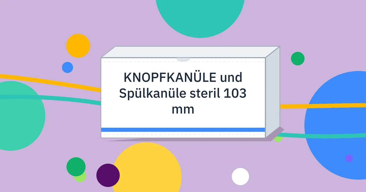 Symbolbild: Packung mit der Aufschrift KNOPFKANÜLE und Spülkanüle steril 103 mm (PZN 18832741) – Verfügbarkeit und Bezug in Apotheken in Frankfurt am Main