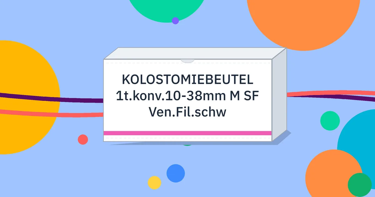 Symbolbild: Packung mit der Aufschrift KOLOSTOMIEBEUTEL 1t.konv.10-38mm M SF Ven.Fil.schw (PZN 18423965) – Verfügbarkeit und Bezug in Apotheken in Frankfurt am Main