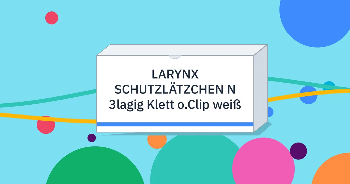 Symbolbild: Packung mit der Aufschrift LARYNX SCHUTZLÄTZCHEN N 3lagig Klett o.Clip weiß (PZN 00140250) – Verfügbarkeit und Bezug in Apotheken in Frankfurt am Main