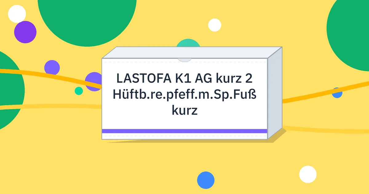 Symbolbild: Packung mit der Aufschrift LASTOFA K1 AG kurz 2 Hüftb.re.pfeff.m.Sp.Fuß kurz (PZN 13797879) – Verfügbarkeit und Bezug in Apotheken in Frankfurt am Main