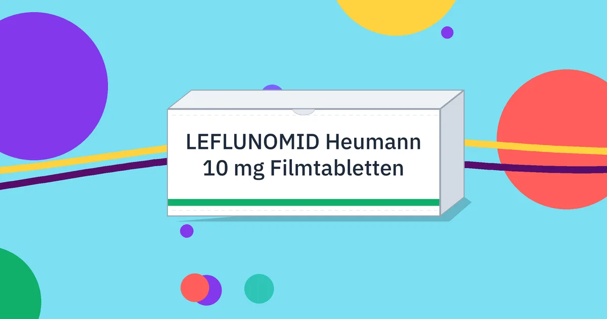 Symbolbild: Packung mit der Aufschrift LEFLUNOMID Heumann 10 mg Filmtabletten (PZN 13725526) – Verfügbarkeit und Bezug in Apotheken in Frankfurt am Main