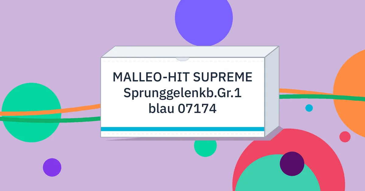 Symbolbild: Packung mit der Aufschrift MALLEO-HIT SUPREME Sprunggelenkb.Gr.1 blau 07174 (PZN 16931261) – Verfügbarkeit und Bezug in Apotheken in Frankfurt am Main