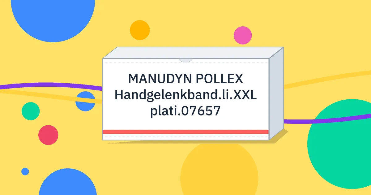 Symbolbild: Packung mit der Aufschrift MANUDYN POLLEX Handgelenkband.li.XXL plati.07657 (PZN 13986190) – Verfügbarkeit und Bezug in Apotheken in Frankfurt am Main