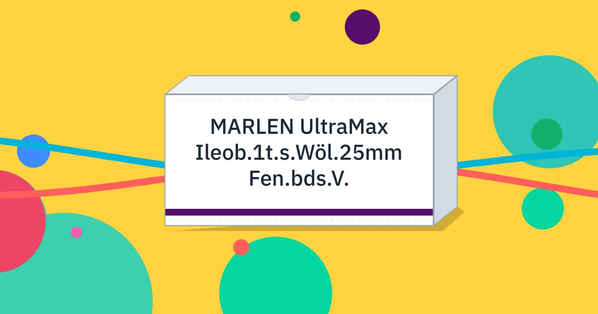 Symbolbild: Packung mit der Aufschrift MARLEN UltraMax Ileob.1t.s.Wöl.25mm Fen.bds.V. (PZN 00625734) – Verfügbarkeit und Bezug in Apotheken in Frankfurt am Main