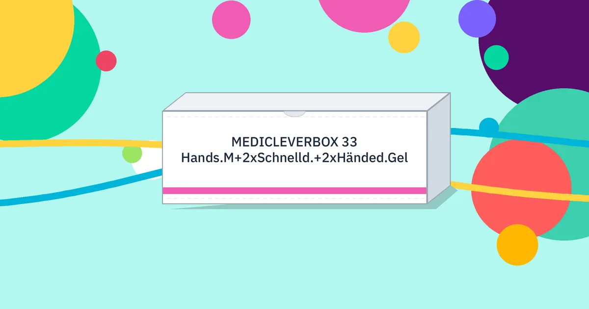 Symbolbild: Packung mit der Aufschrift MEDICLEVERBOX 33 Hands.M+2xSchnelld.+2xHänded.Gel (PZN 19112687) – Verfügbarkeit und Bezug in Apotheken in Frankfurt am Main