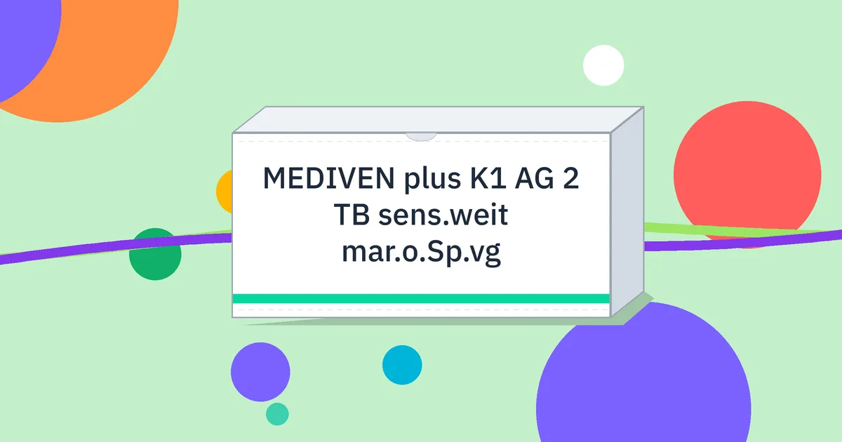 Symbolbild: Packung mit der Aufschrift MEDIVEN plus K1 AG 2 TB sens.weit mar.o.Sp.vg (PZN 15064603) – Verfügbarkeit und Bezug in Apotheken in Frankfurt am Main