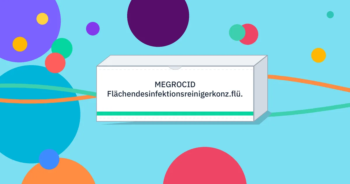 Symbolbild: Packung mit der Aufschrift MEGROCID Flächendesinfektionsreinigerkonz.flü. (PZN 10213613) – Verfügbarkeit und Bezug in Apotheken in Frankfurt am Main