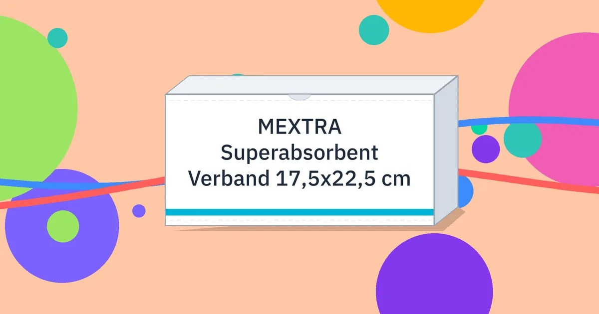 Symbolbild: Packung mit der Aufschrift MEXTRA Superabsorbent Verband 17,5x22,5 cm (PZN 19158703) – Verfügbarkeit und Bezug in Apotheken in Frankfurt am Main