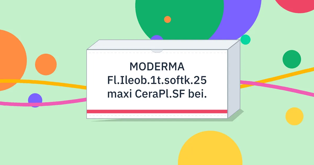 Symbolbild: Packung mit der Aufschrift MODERMA Fl.Ileob.1t.softk.25 maxi CeraPl.SF bei. (PZN 18108991) – Verfügbarkeit und Bezug in Apotheken in Frankfurt am Main