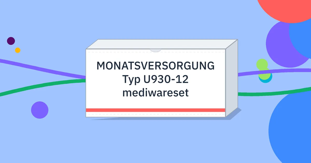 Symbolbild: Packung mit der Aufschrift MONATSVERSORGUNG Typ U930-12 mediwareset (PZN 19555901) – Verfügbarkeit und Bezug in Apotheken in Frankfurt am Main