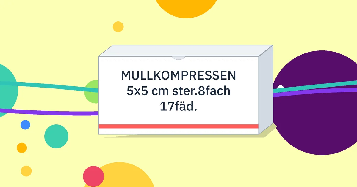 Symbolbild: Packung mit der Aufschrift MULLKOMPRESSEN 5x5 cm ster.8fach 17fäd. (PZN 06929116) – Verfügbarkeit und Bezug in Apotheken in Frankfurt am Main