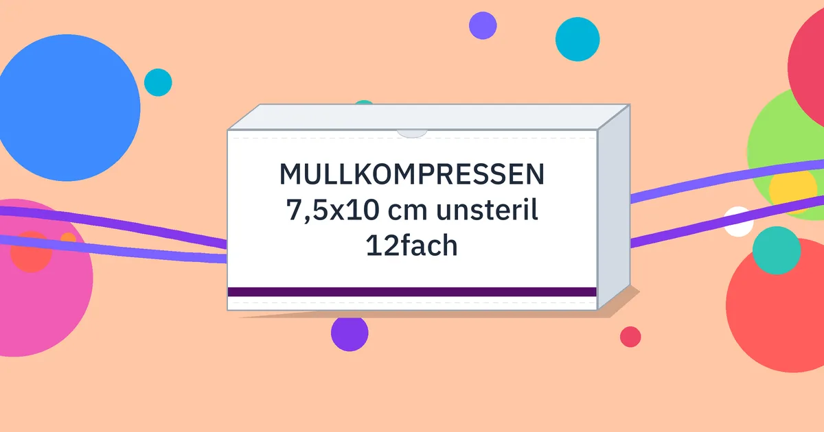 Symbolbild: Packung mit der Aufschrift MULLKOMPRESSEN 7,5x10 cm unsteril 12fach (PZN 01797495) – Verfügbarkeit und Bezug in Apotheken in Frankfurt am Main