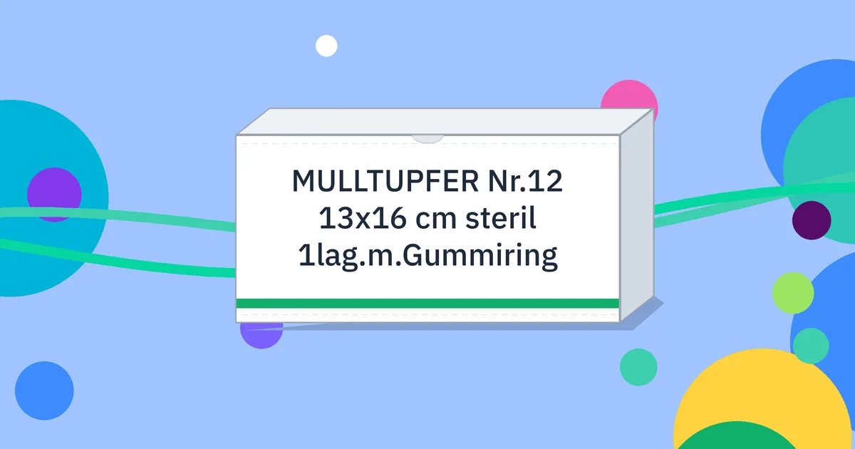 Symbolbild: Packung mit der Aufschrift MULLTUPFER Nr.12 13x16 cm steril 1lag.m.Gummiring (PZN 14266747) – Verfügbarkeit und Bezug in Apotheken in Frankfurt am Main