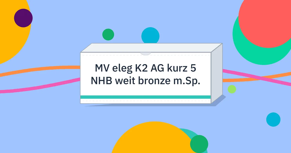 Symbolbild: Packung mit der Aufschrift MV eleg K2 AG kurz 5 NHB weit bronze m.Sp. (PZN 15714840) – Verfügbarkeit und Bezug in Apotheken in Frankfurt am Main