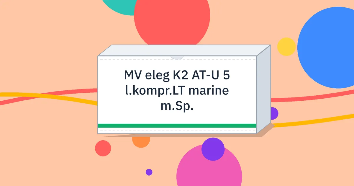 Symbolbild: Packung mit der Aufschrift MV eleg K2 AT-U 5 l.kompr.LT marine m.Sp. (PZN 15289934) – Verfügbarkeit und Bezug in Apotheken in Frankfurt am Main