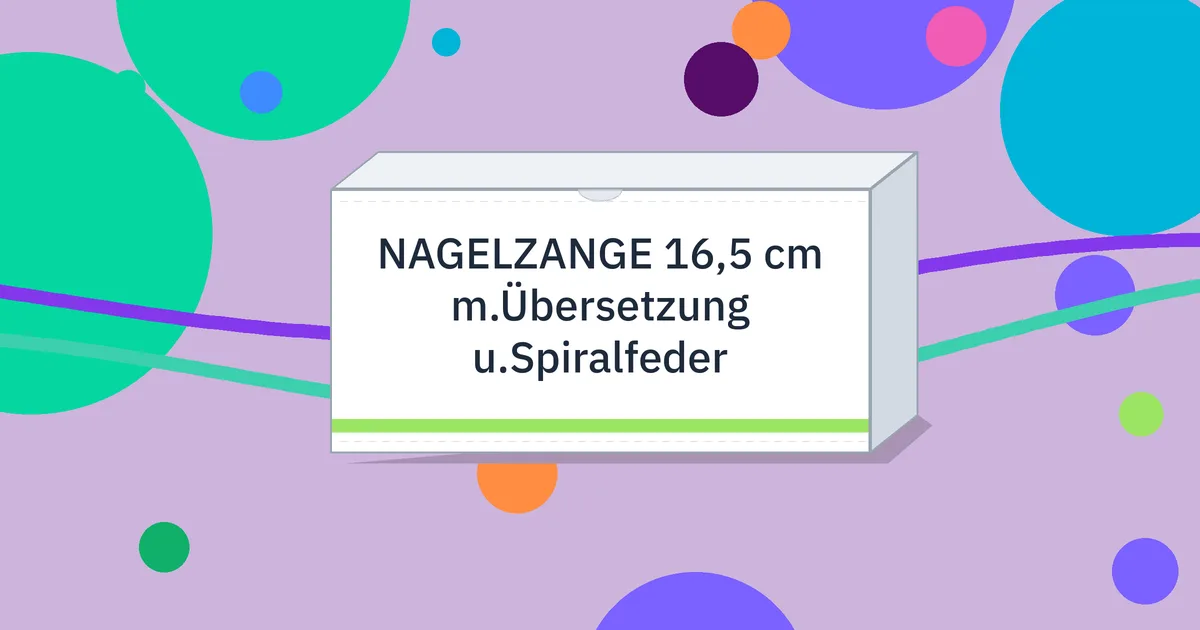 Symbolbild: Packung mit der Aufschrift NAGELZANGE 16,5 cm m.Übersetzung u.Spiralfeder (PZN 10932644) – Verfügbarkeit und Bezug in Apotheken in Frankfurt am Main