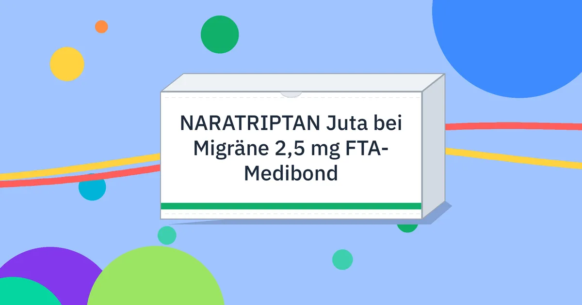 Symbolbild: Packung mit der Aufschrift NARATRIPTAN Juta bei Migräne 2,5 mg FTA-Medibond (PZN 18110663) – Verfügbarkeit und Bezug in Apotheken in Frankfurt am Main