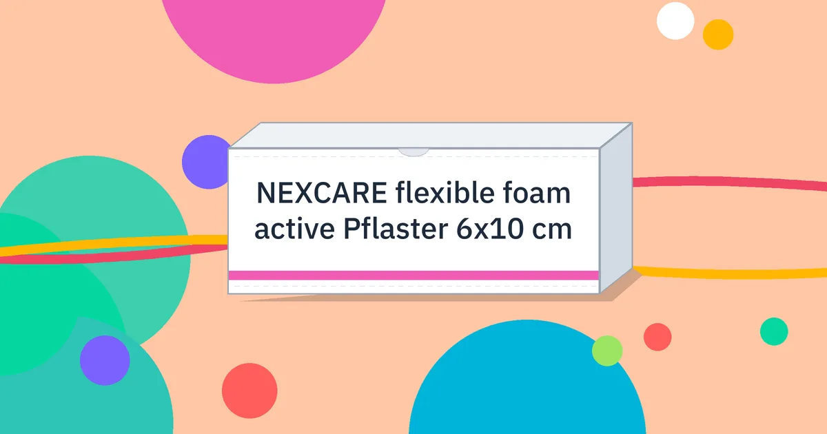 Symbolbild: Packung mit der Aufschrift NEXCARE flexible foam active Pflaster 6x10 cm (PZN 16261903) – Verfügbarkeit und Bezug in Apotheken in Frankfurt am Main