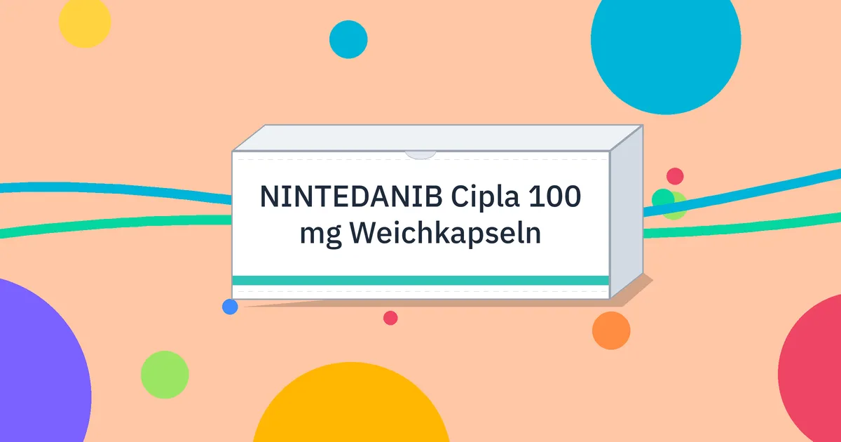 Symbolbild: Packung mit der Aufschrift NINTEDANIB Cipla 100 mg Weichkapseln (PZN 20538753) – Verfügbarkeit und Bezug in Apotheken in Frankfurt am Main