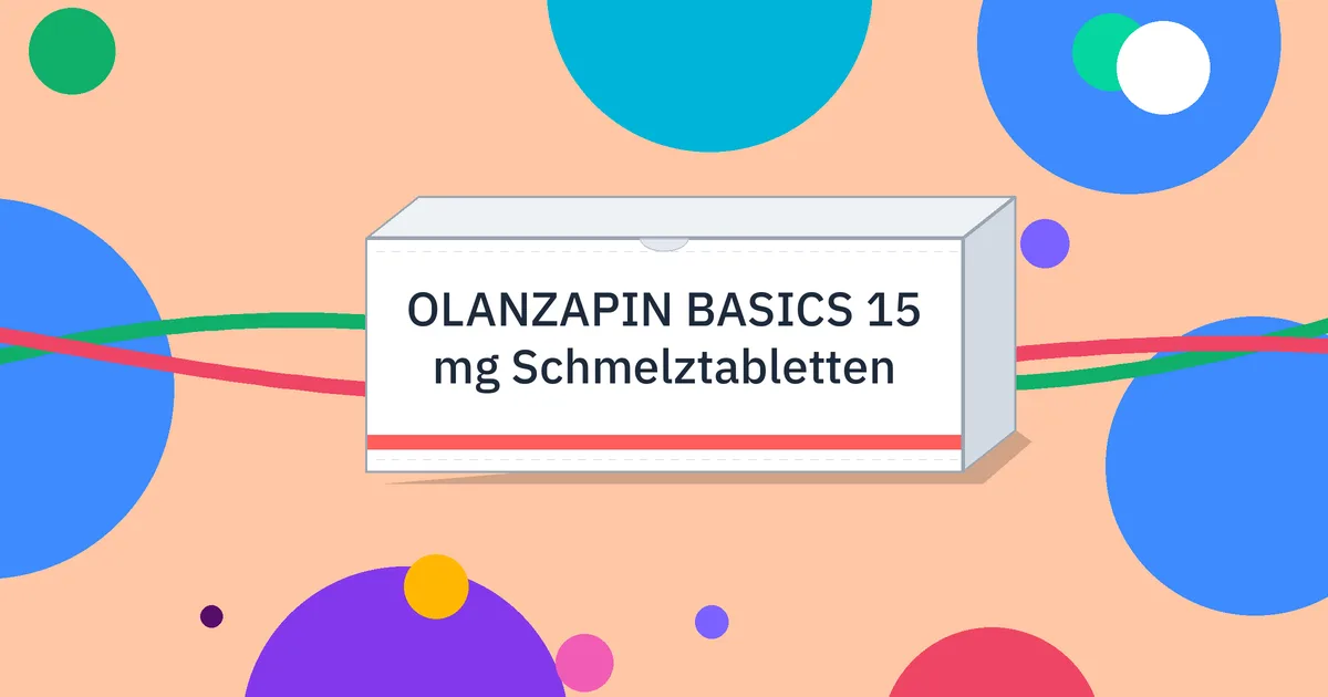 Symbolbild: Packung mit der Aufschrift OLANZAPIN BASICS 15 mg Schmelztabletten (PZN 09060067) – Verfügbarkeit und Bezug in Apotheken in Frankfurt am Main