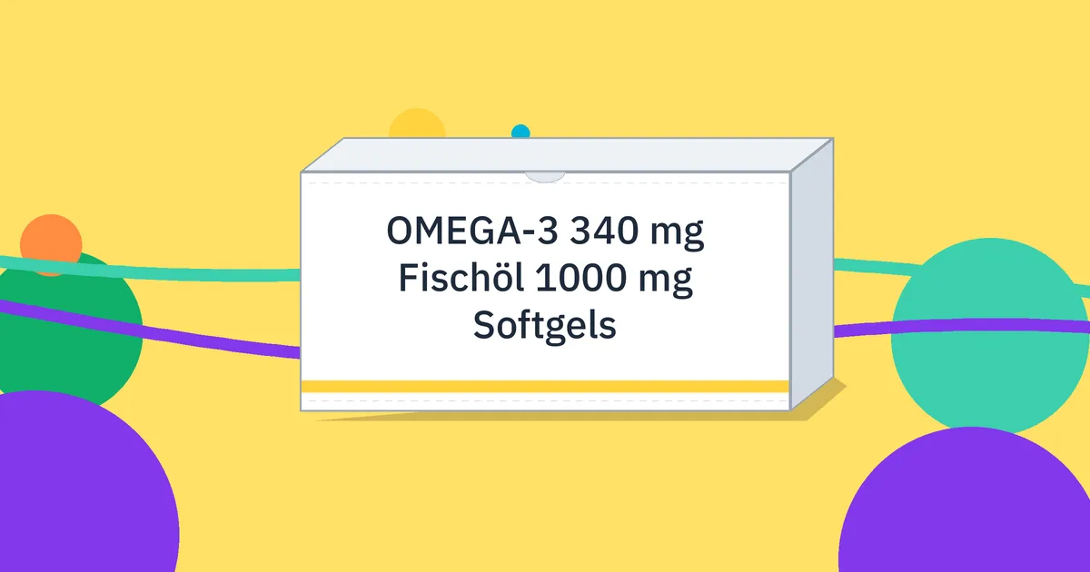 Symbolbild: Packung mit der Aufschrift OMEGA-3 340 mg Fischöl 1000 mg Softgels (PZN 00694899) – Verfügbarkeit und Bezug in Apotheken in Frankfurt am Main