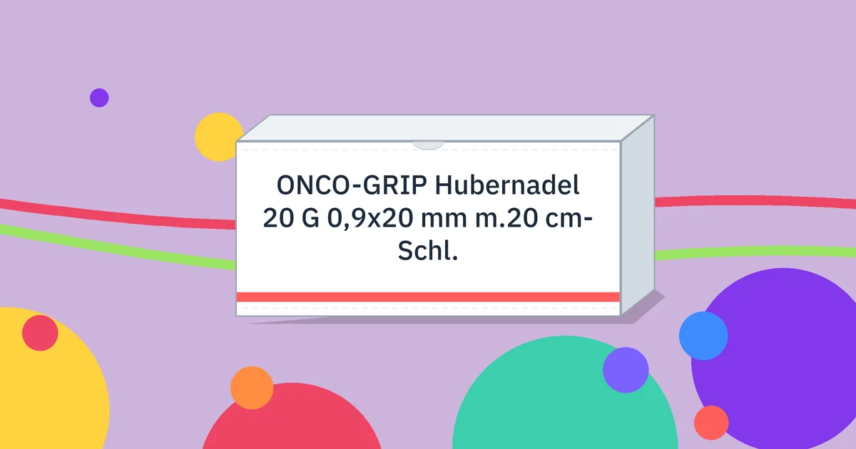 Symbolbild: Packung mit der Aufschrift ONCO-GRIP Hubernadel 20 G 0,9x20 mm m.20 cm-Schl. (PZN 05020088) – Verfügbarkeit und Bezug in Apotheken in Frankfurt am Main