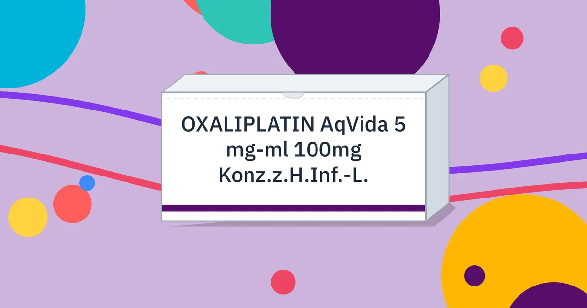 Symbolbild: Packung mit der Aufschrift OXALIPLATIN AqVida 5 mg-ml 100mg Konz.z.H.Inf.-L. (PZN 14279721) – Verfügbarkeit und Bezug in Apotheken in Frankfurt am Main