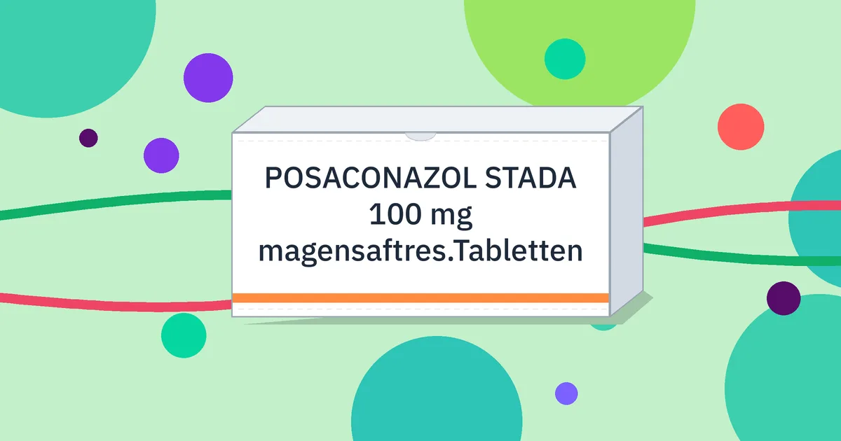 Symbolbild: Packung mit der Aufschrift POSACONAZOL STADA 100 mg magensaftres.Tabletten (PZN 18735883) – Verfügbarkeit und Bezug in Apotheken in Frankfurt am Main