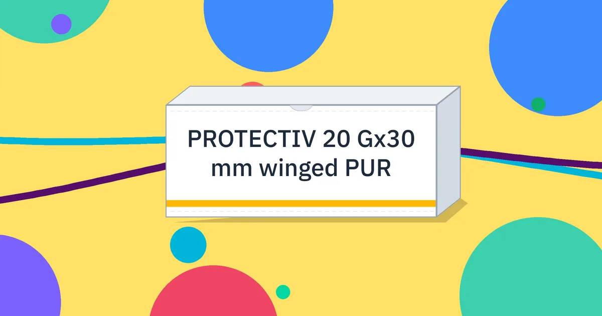 Symbolbild: Packung mit der Aufschrift PROTECTIV 20 Gx30 mm winged PUR (PZN 06447357) – Verfügbarkeit und Bezug in Apotheken in Frankfurt am Main