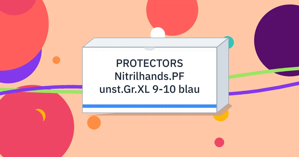 Symbolbild: Packung mit der Aufschrift PROTECTORS Nitrilhands.PF unst.Gr.XL 9-10 blau (PZN 04684490) – Verfügbarkeit und Bezug in Apotheken in Frankfurt am Main