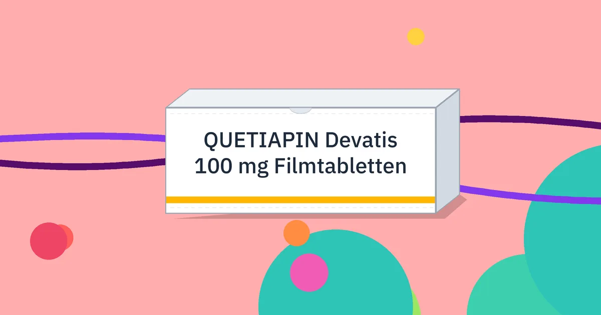 Symbolbild: Packung mit der Aufschrift QUETIAPIN Devatis 100 mg Filmtabletten (PZN 11484024) – Verfügbarkeit und Bezug in Apotheken in Frankfurt am Main