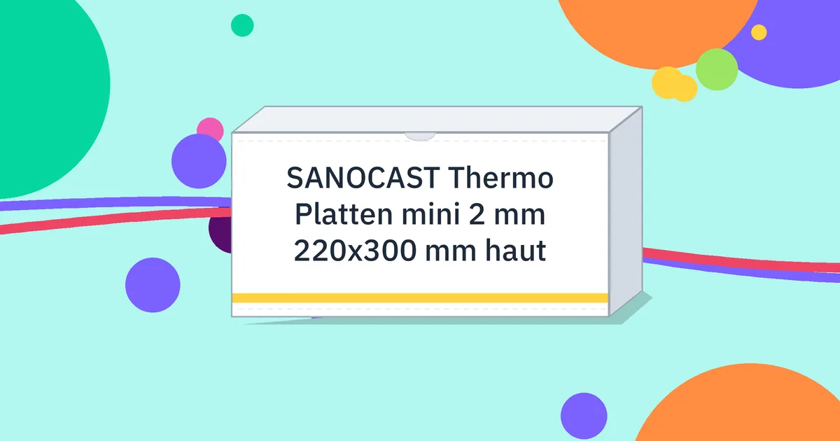 Symbolbild: Packung mit der Aufschrift SANOCAST Thermo Platten mini 2 mm 220x300 mm haut (PZN 15259494) – Verfügbarkeit und Bezug in Apotheken in Frankfurt am Main