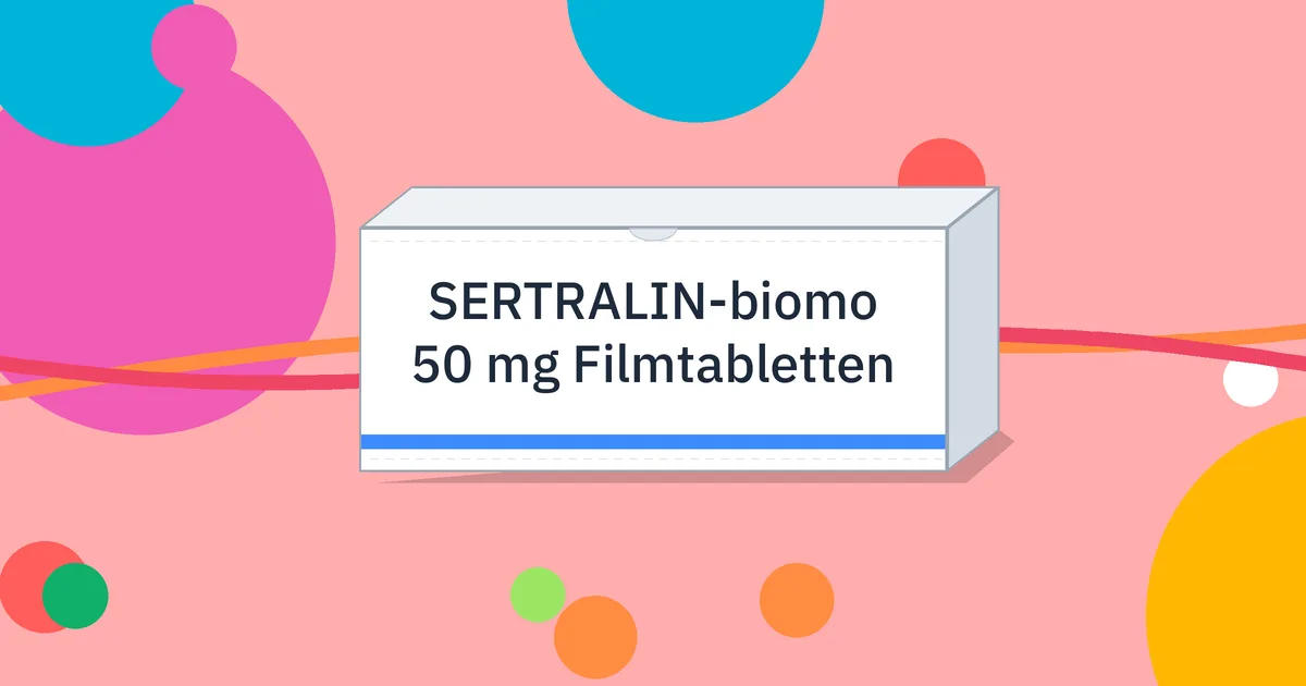 Symbolbild: Packung mit der Aufschrift SERTRALIN-biomo 50 mg Filmtabletten (PZN 01055055) – Verfügbarkeit und Bezug in Apotheken in Frankfurt am Main